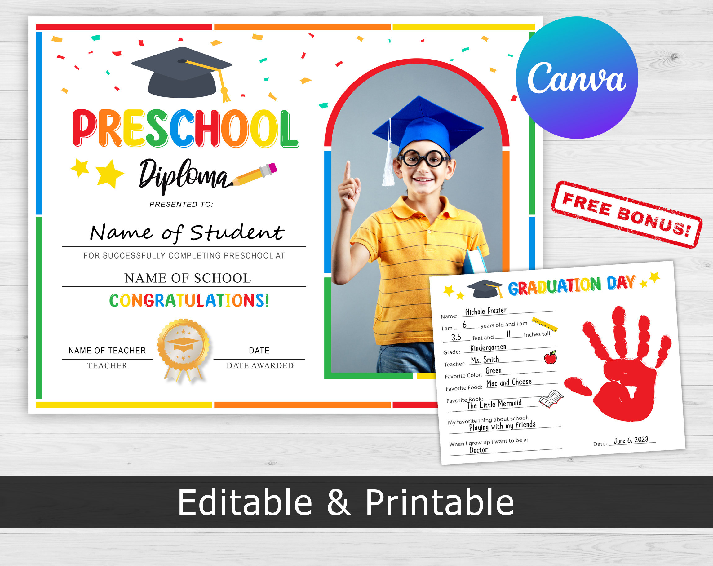 Editable Preschool Diploma With Photo, Preschool Diploma, Preschool ...