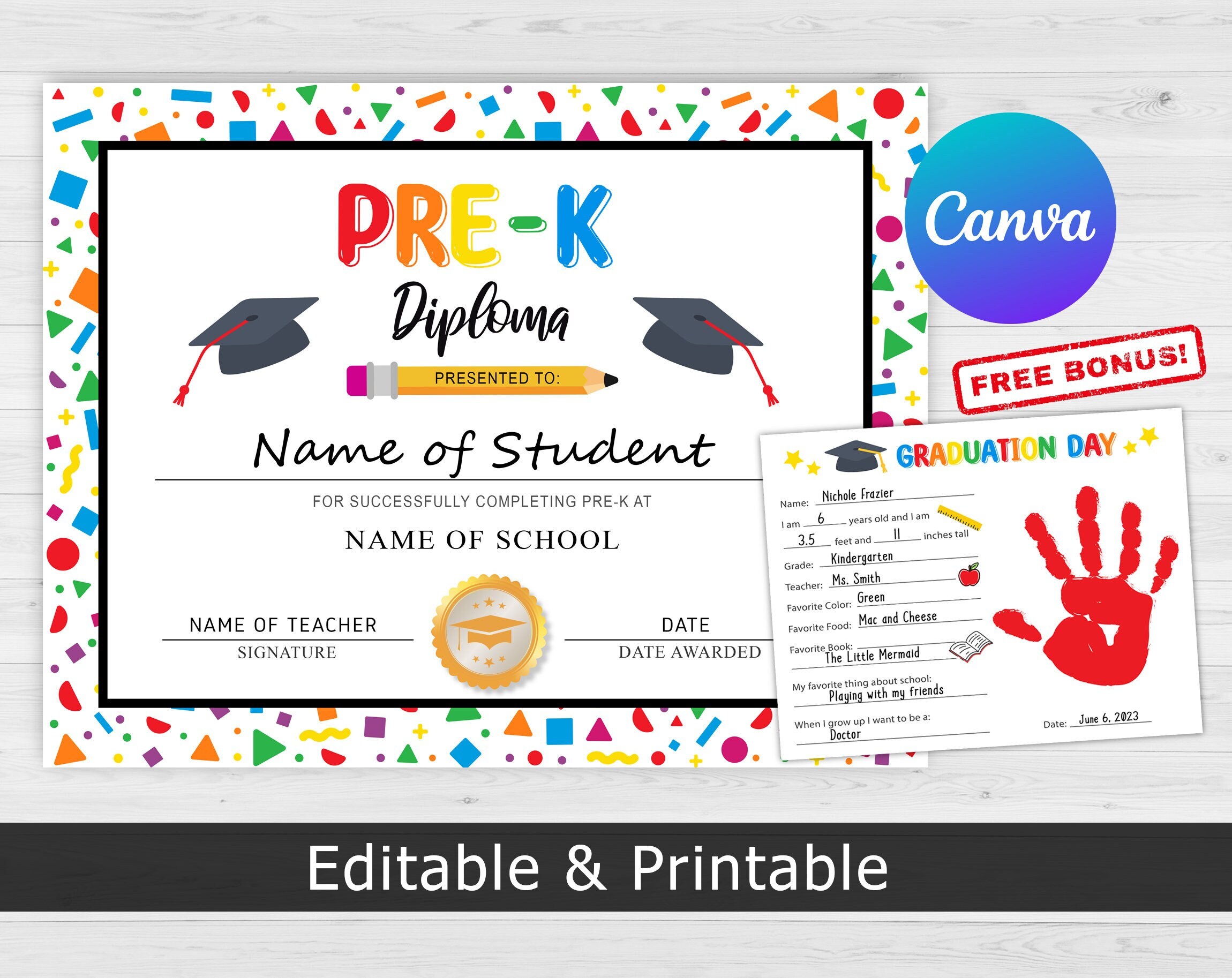 Pre-k Graduation Certificate, Prek Diploma, Pre-k Certificate, Teacher ...