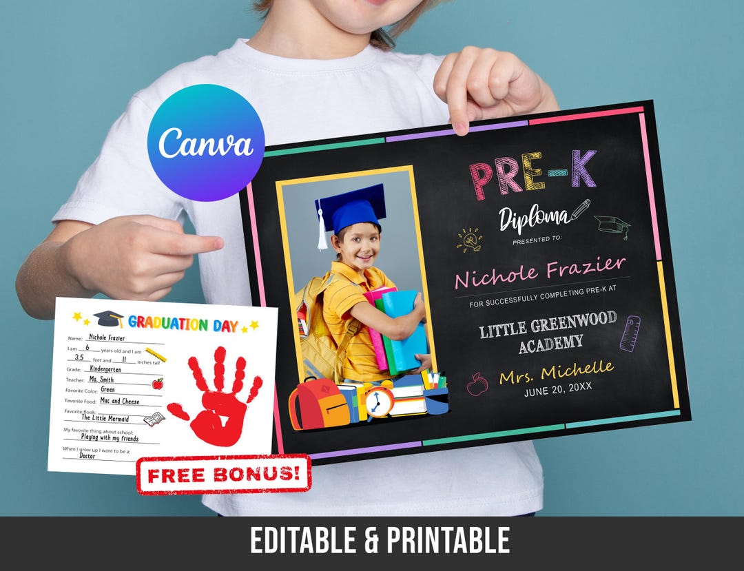 Editable Pre-k Diploma Chalkboard With Photo, Pre-k Certificate, Prek ...