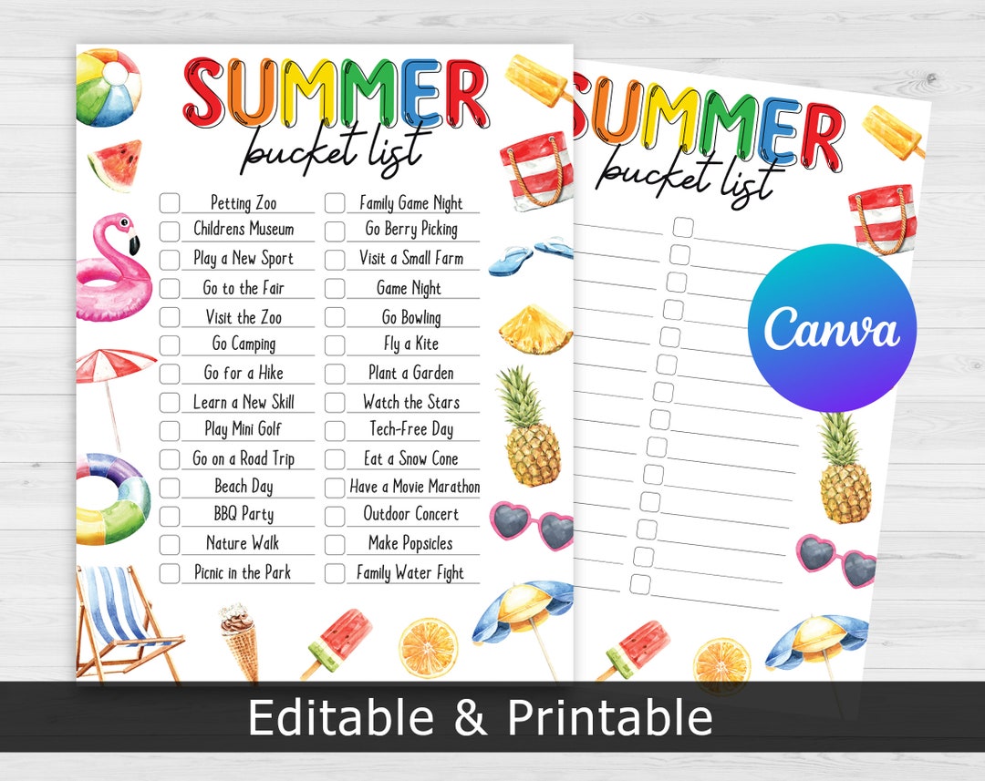 Editable Summer Bucket List, Summer Break Bucket List Template, Bucket ...