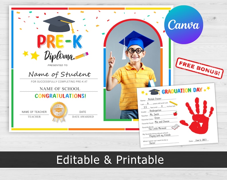 Editable Pre-k Diploma With Photo, Pre-k Certificate, Prek Diploma, Pre ...