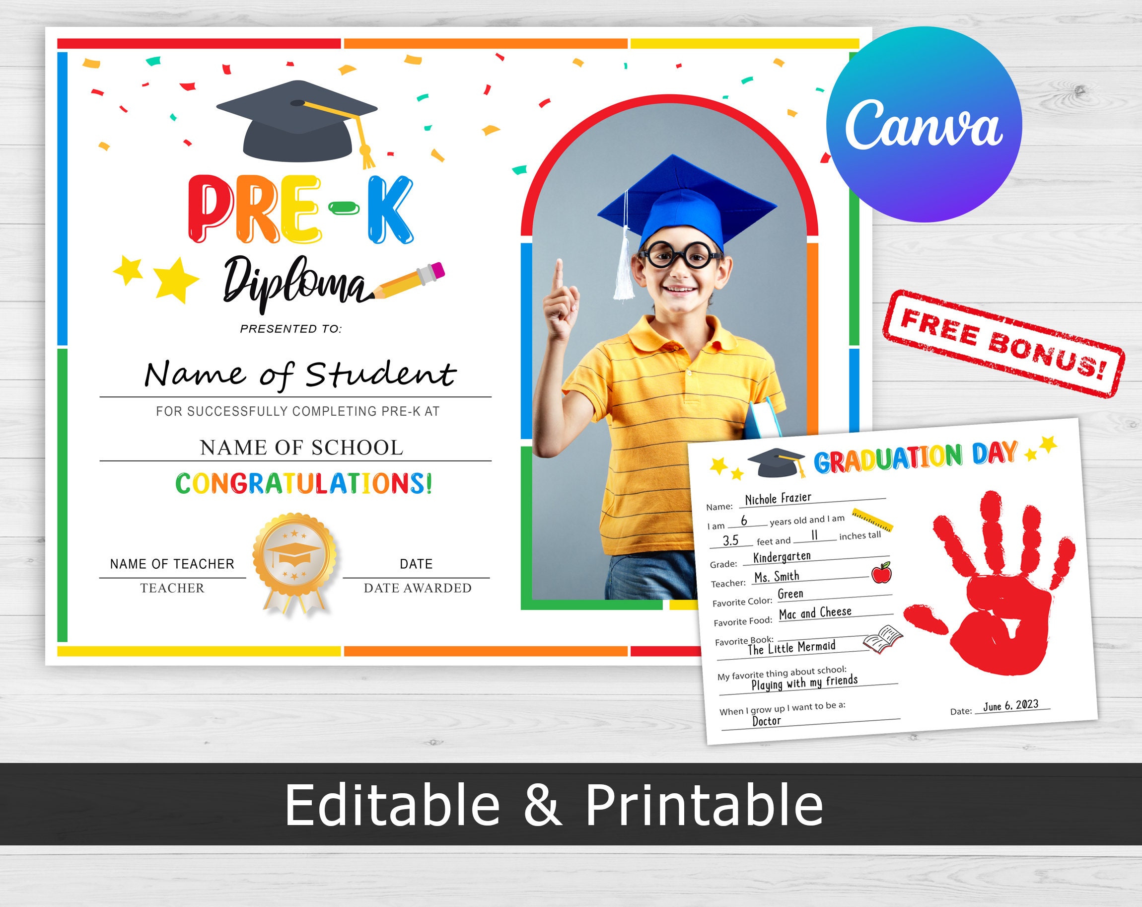Editable Pre-k Diploma With Photo Pre-k Certificate Prek - Etsy
