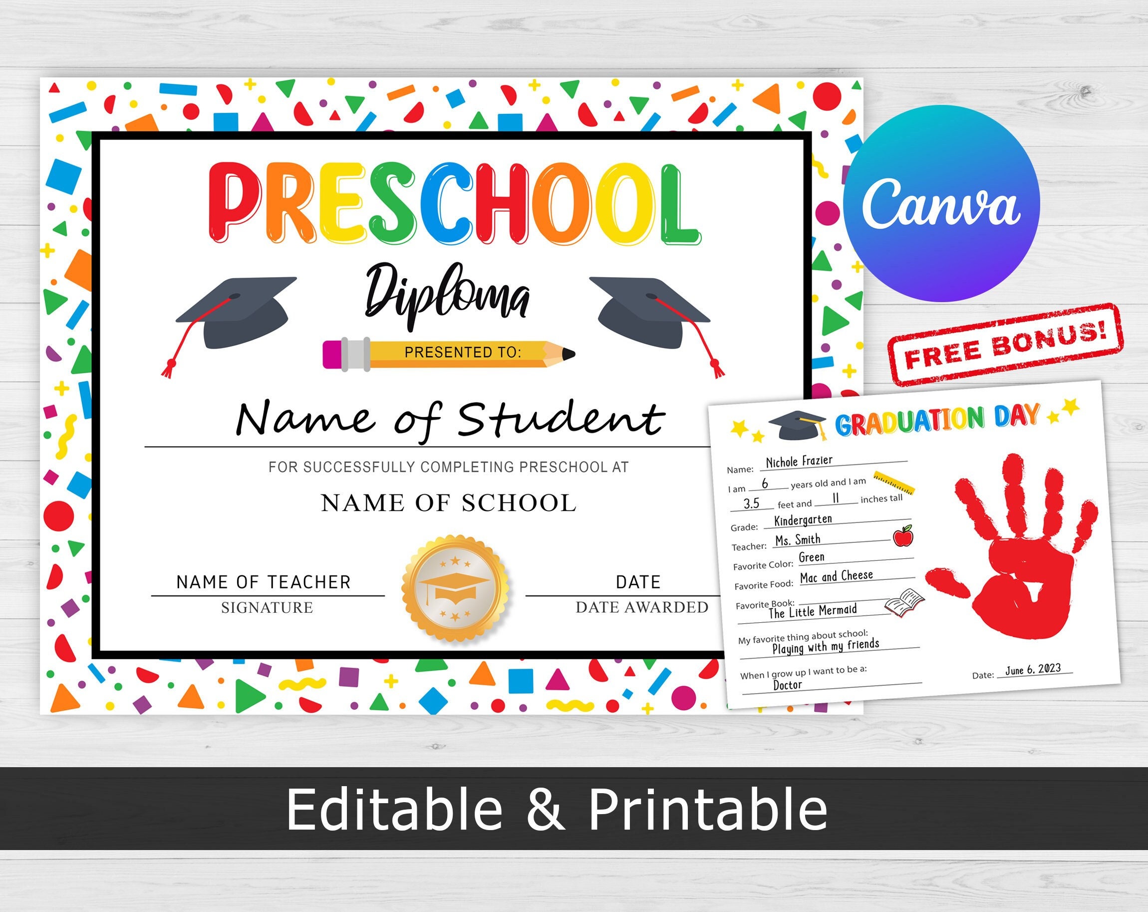Preschool Graduation Certificate, Preschool Diploma, Preschool ...