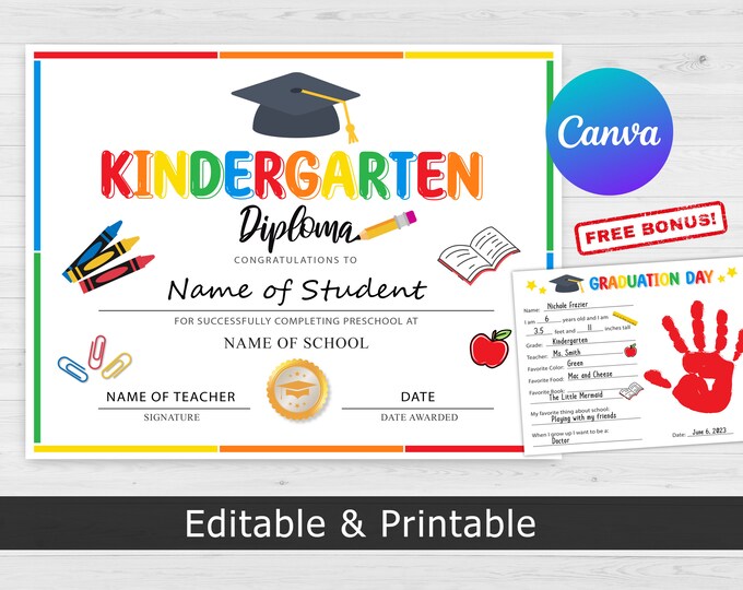 Kindergarten Graduation Certificate, Customizable Kindergarten Diploma ...