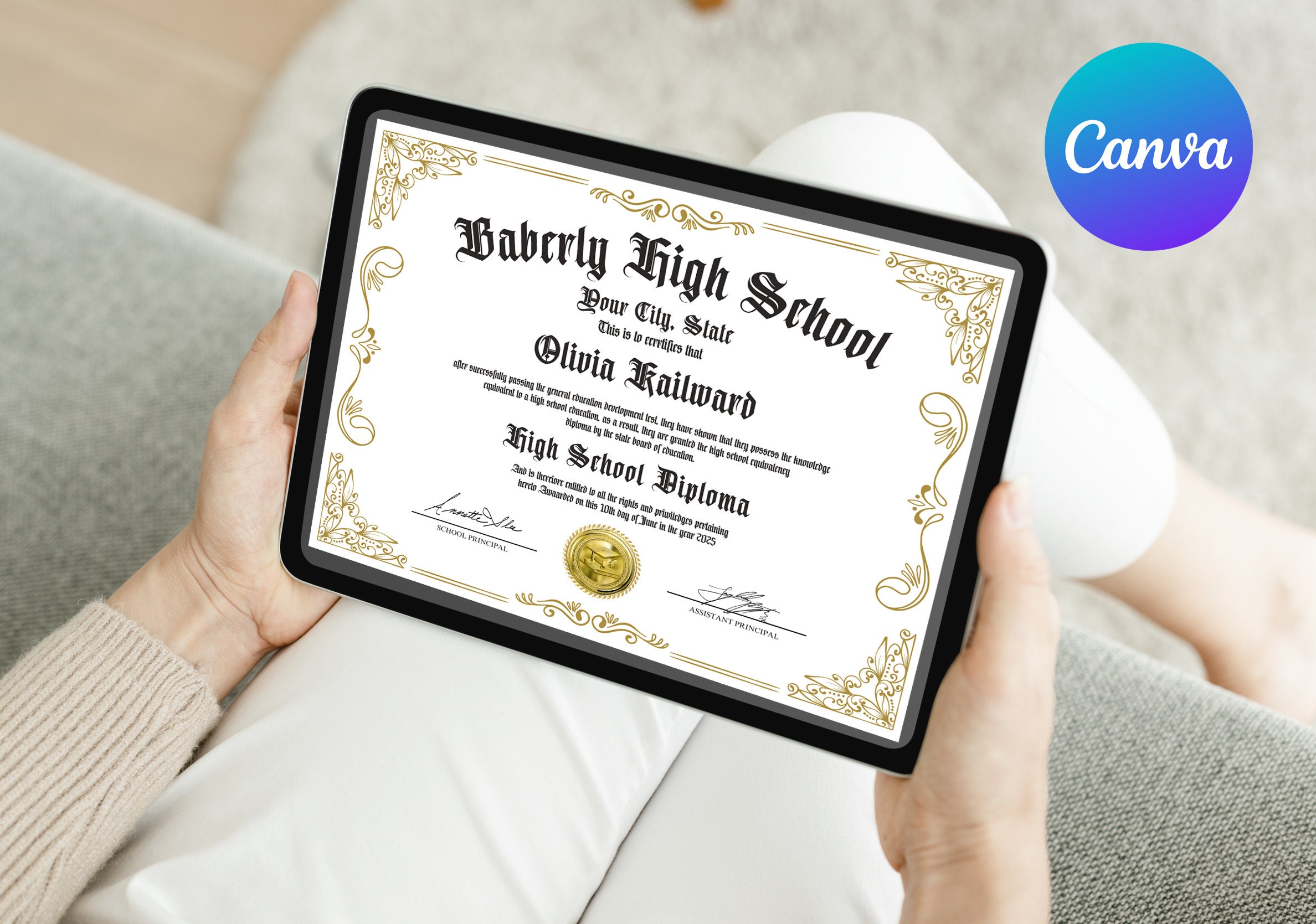 Editable Template on Canva, Printable Certificate With Gold Seal, High ...
