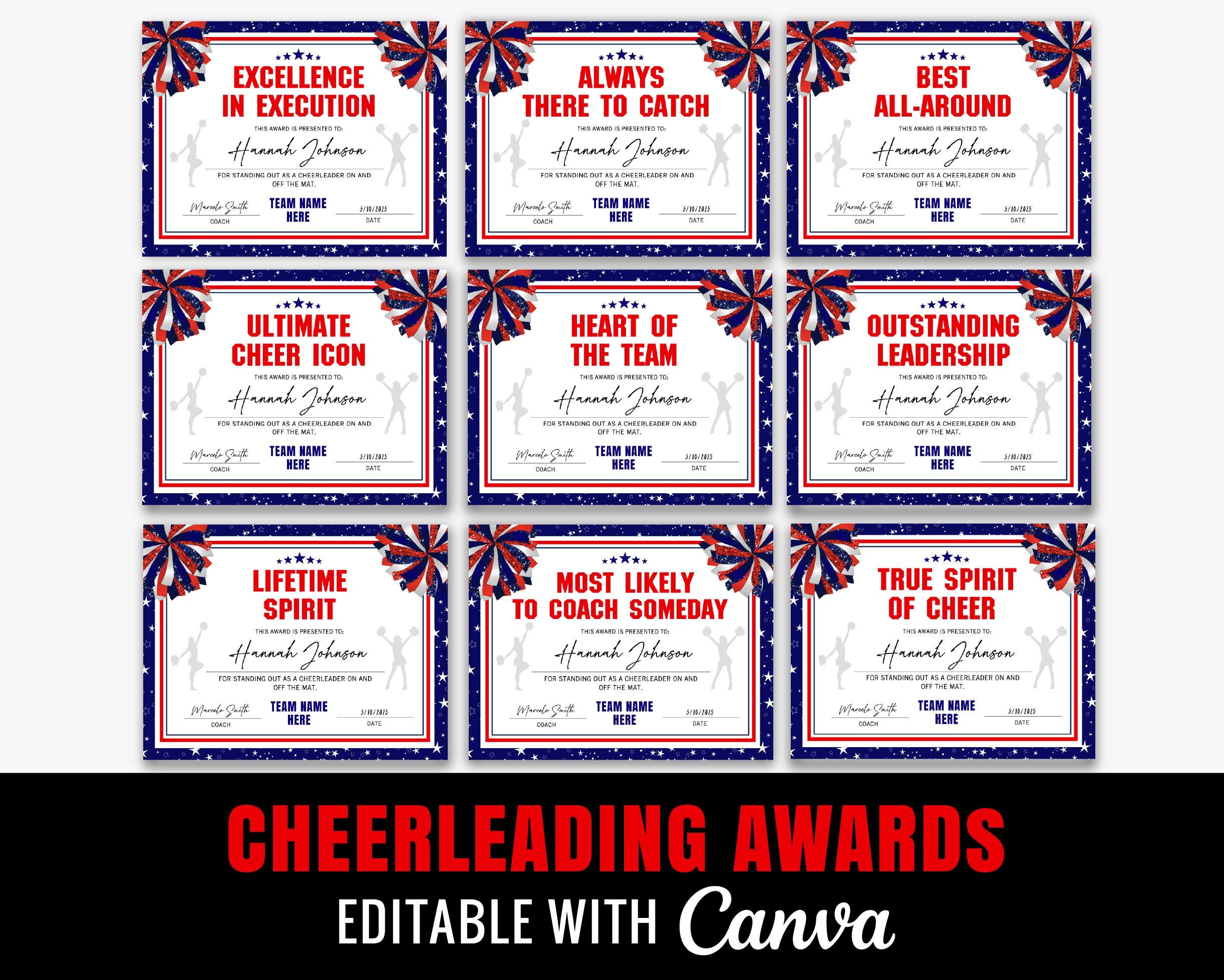 Personalized Cheer Awards, Cheerleading Certificate Template, Editable ...