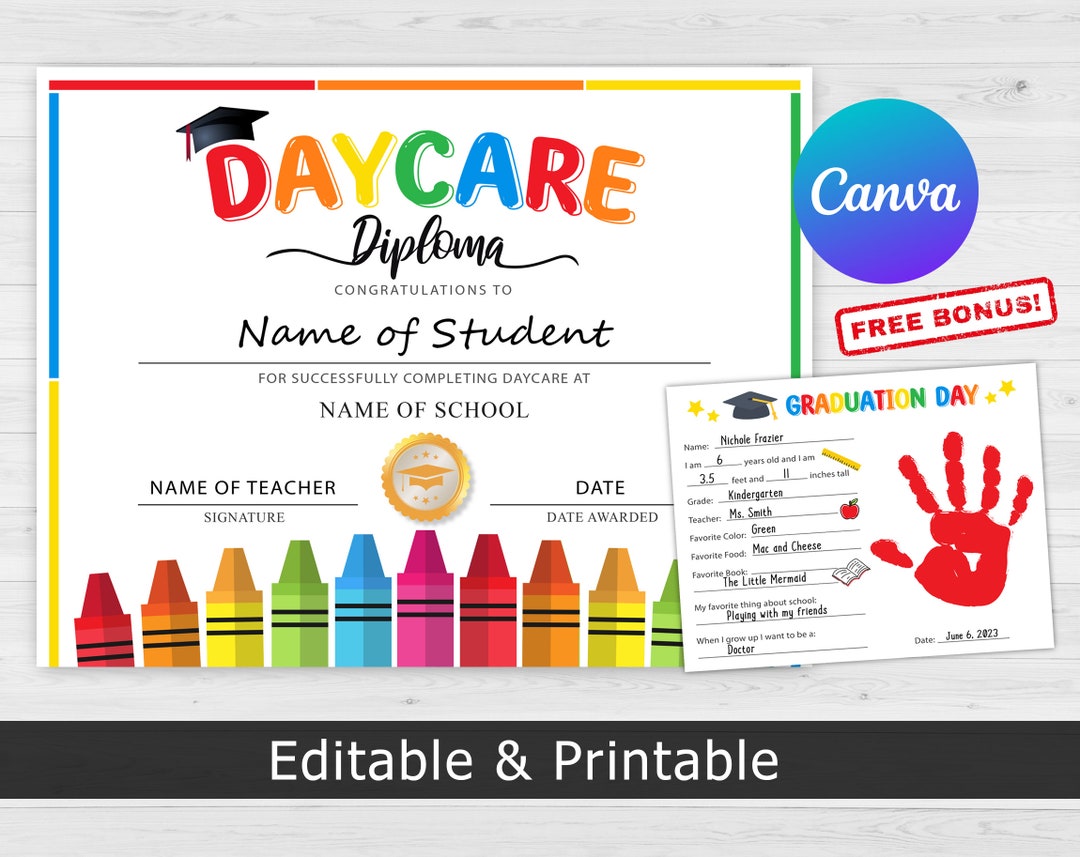 Daycare Graduation Certificate, Daycare Diploma, Daycare Certificate ...
