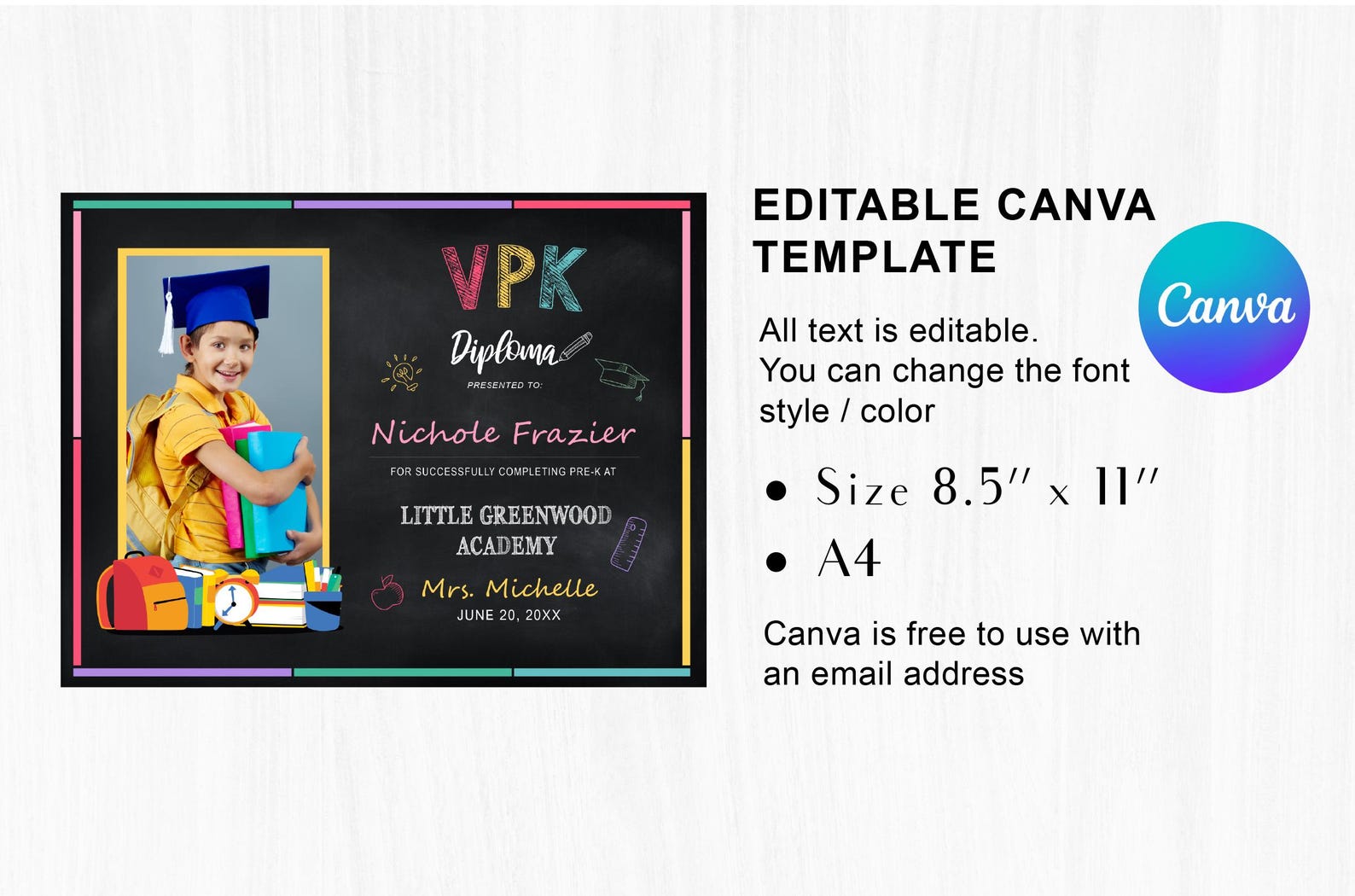Editable VPK Diploma Chalkboard With Photo, Vpk Certificate, VPK ...