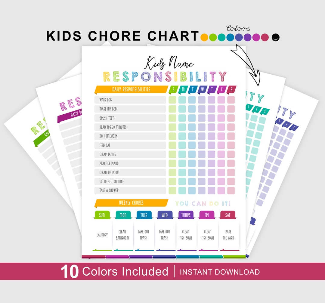 Responsibility Chore Chart for Kids Includes 10 Colors, Editable Daily ...
