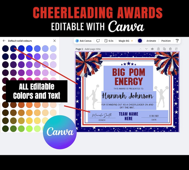 Personalized Cheer Awards, Cheerleading Certificate Template, Editable ...