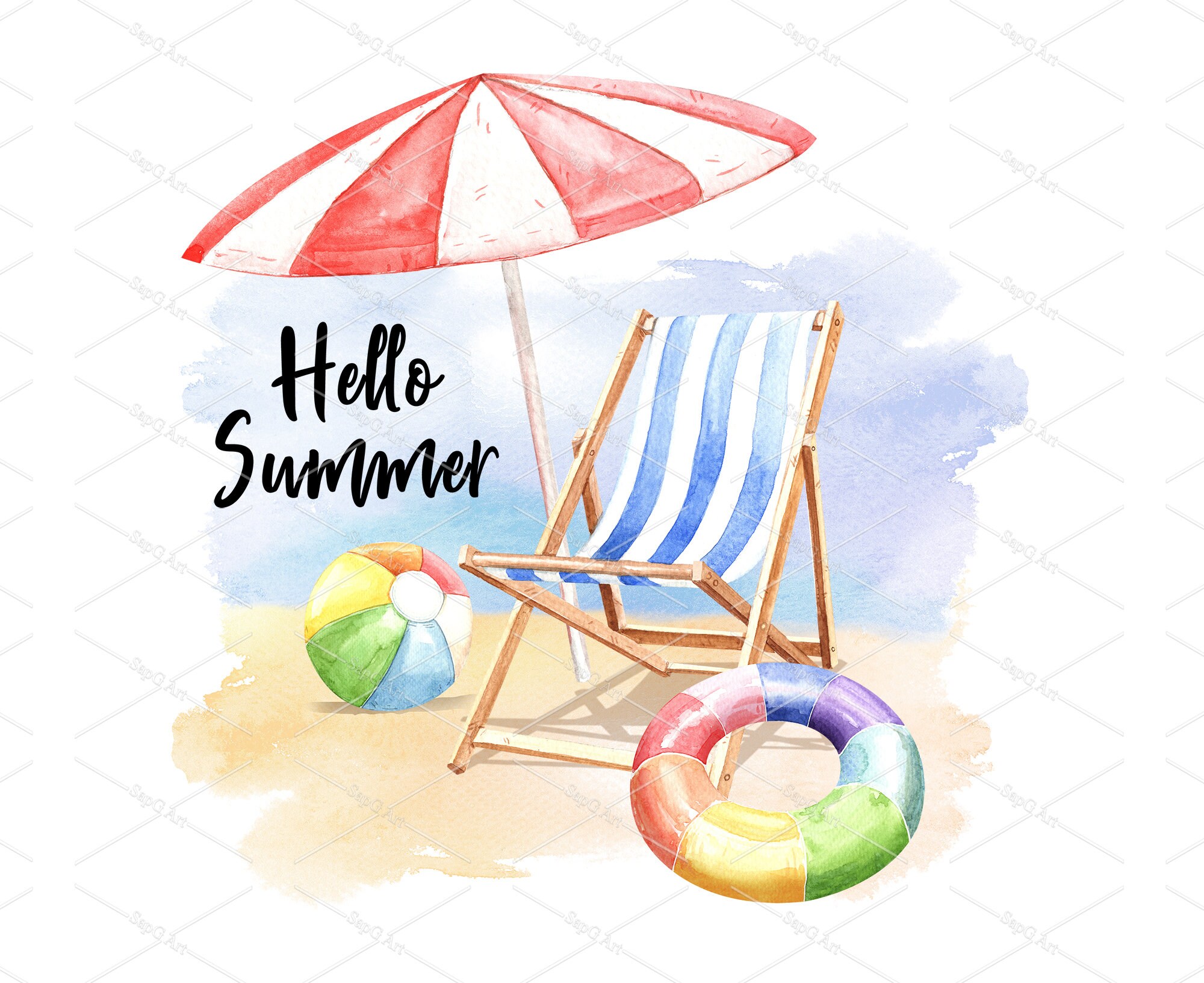 Watercolor Beach Chair Sky Beach Umbrella Ball Summer Etsy
