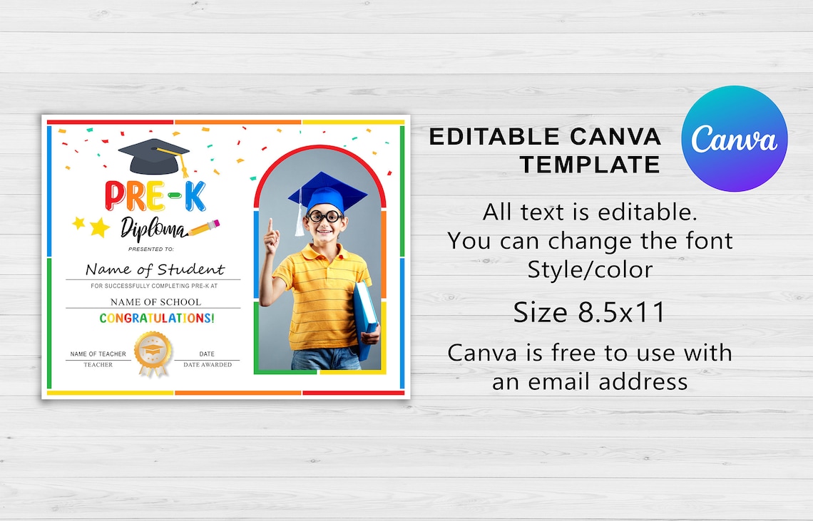 Editable Pre-k Diploma With Photo, Pre-k Certificate, Prek Diploma, Pre ...