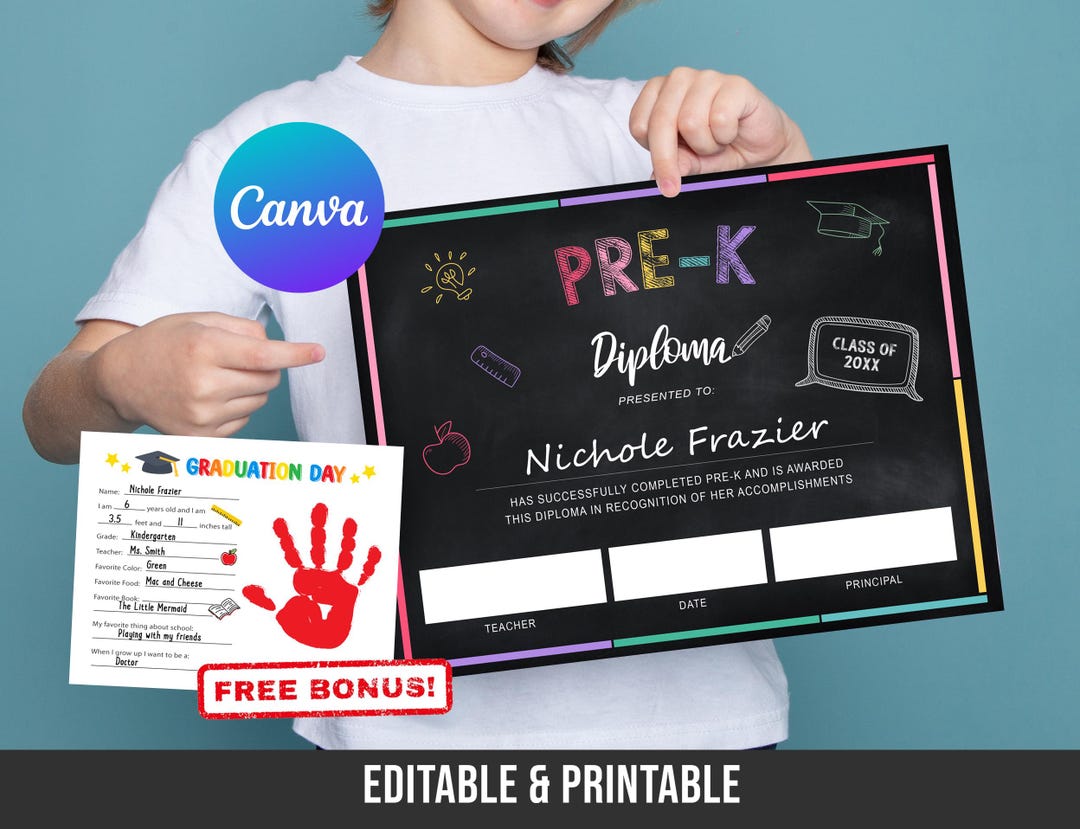 Editable Pre-k Diploma Chalkboard, Pre-k Certificate, Prek Diploma, Pre ...