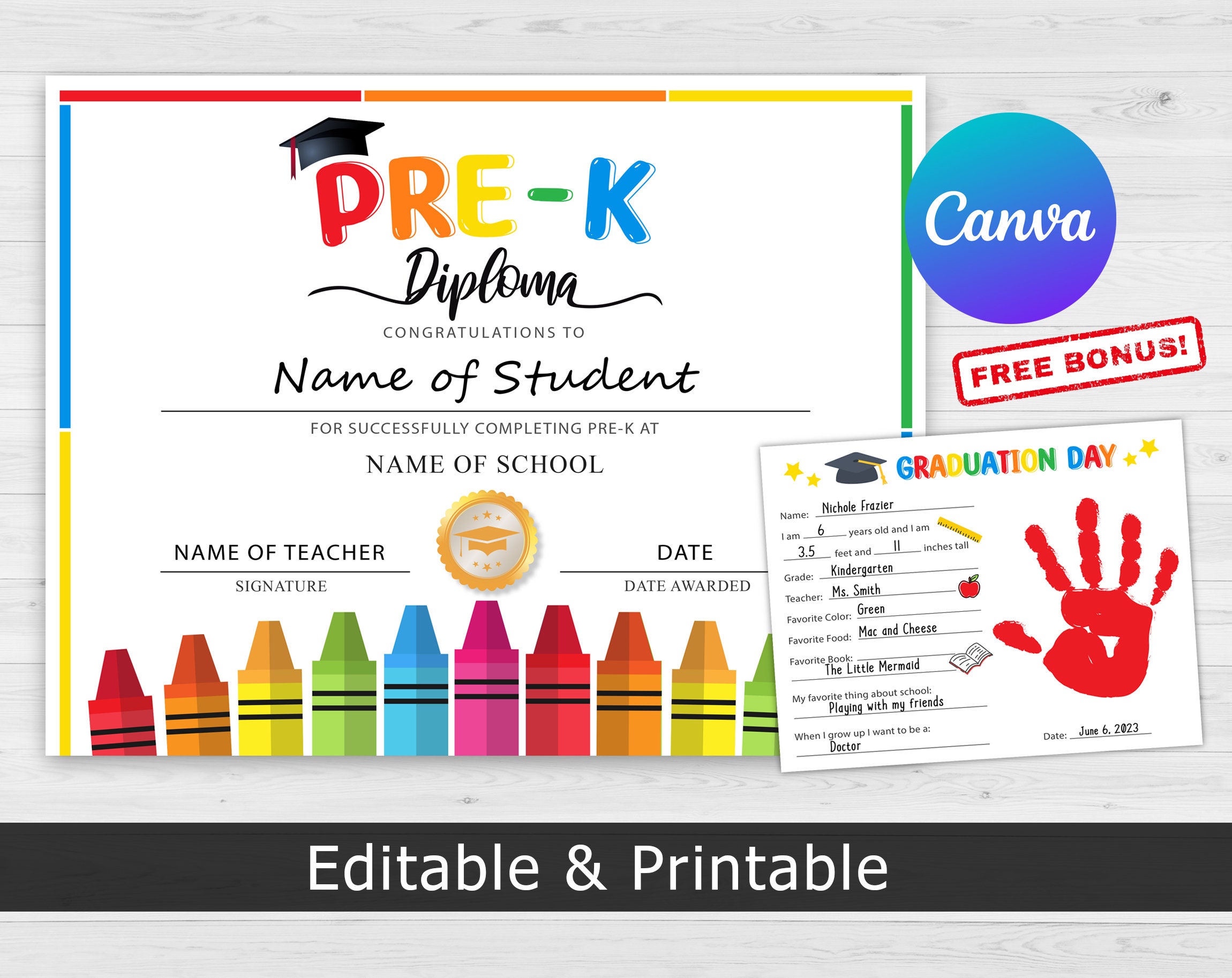 Pre-k Graduation Certificate, Prek Diploma, Pre-k Certificate, Teacher ...