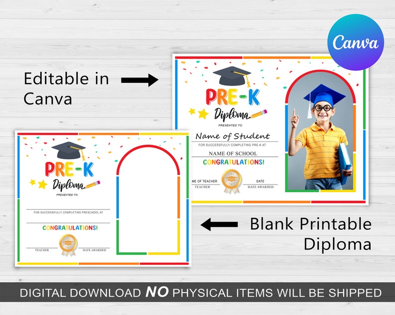 Editable Pre-k Diploma With Photo, Pre-k Certificate, Prek Diploma, Pre ...
