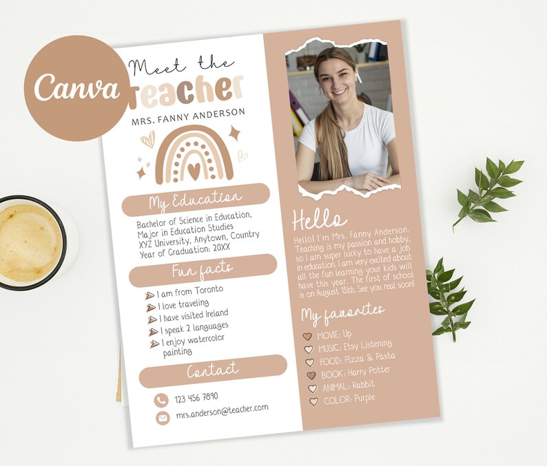 Editable Beige Color Meet the Teacher Template Canva Template Back to ...