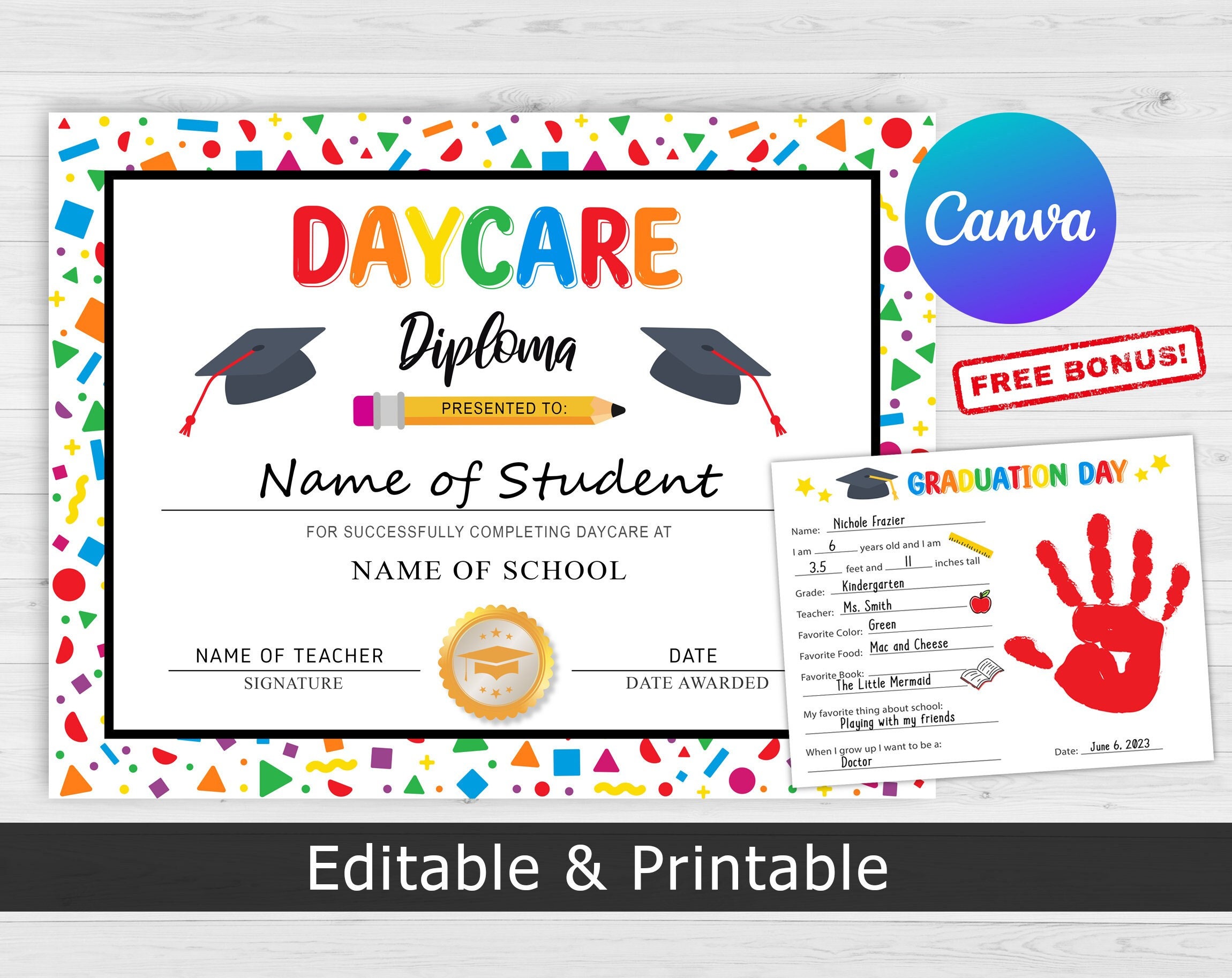 Daycare Graduation Certificate, Daycare Diploma, Daycare Certificate ...