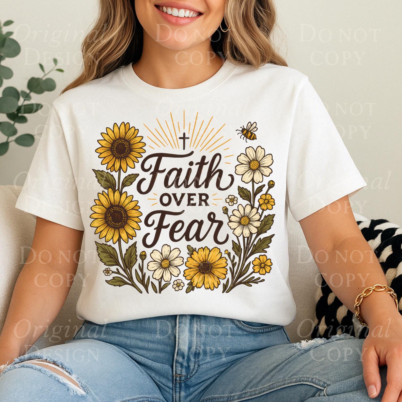 Faith Over Fear PNG, Sunflower Daisy Floral Cross Png, Inspirational ...