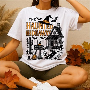 The Haunted Hideaway PNG, Retro Halloween Witch House Png, Black Cat Bats Cactus Broomstick Pnh ...