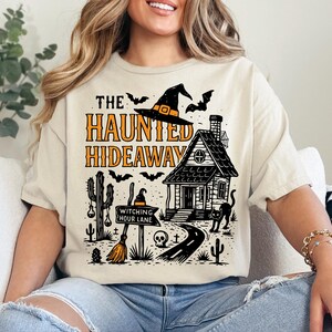 The Haunted Hideaway PNG, Retro Halloween Witch House Png, Black Cat Bats Cactus Broomstick Pnh ...