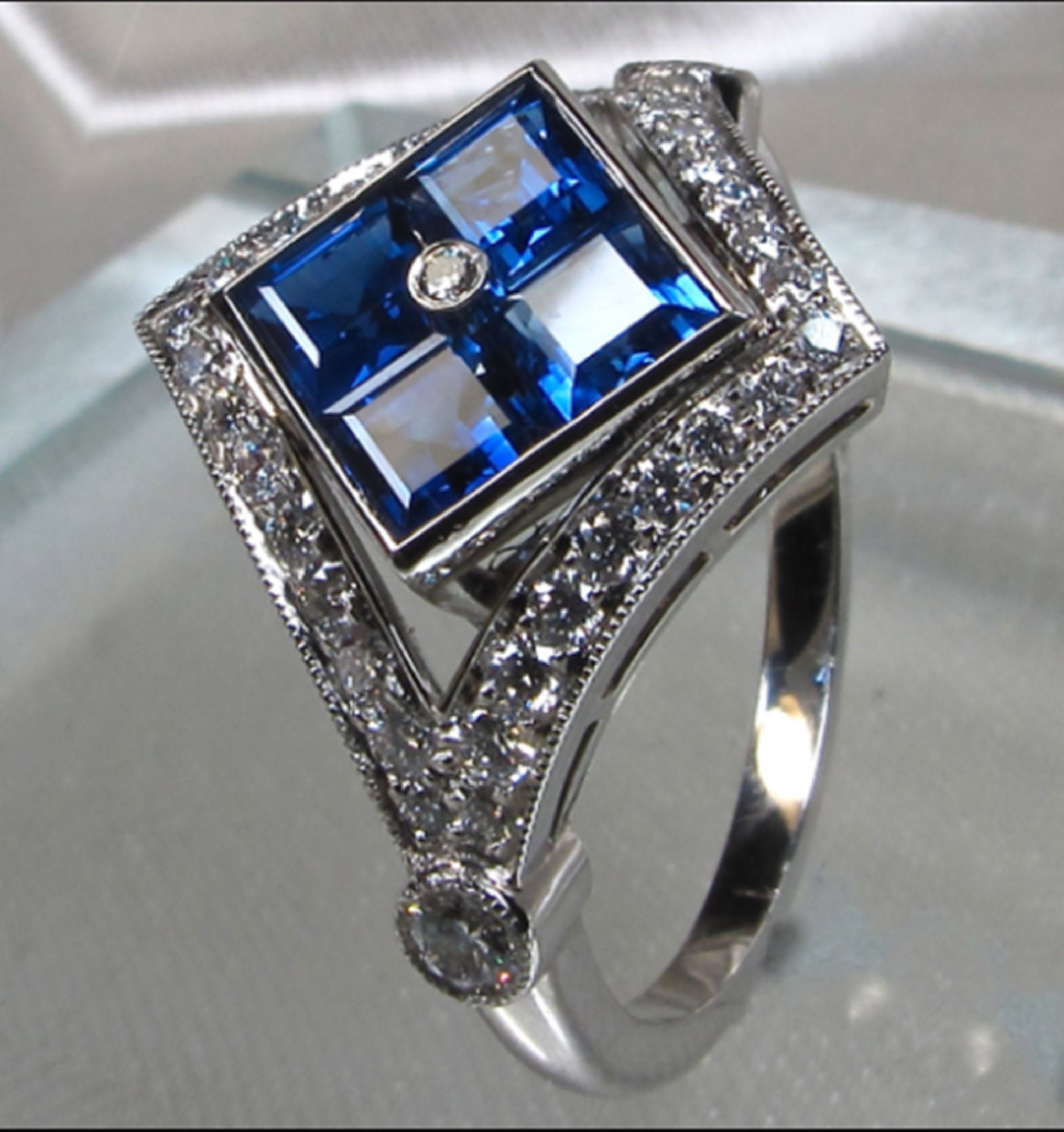 Invisible Set Diamond Ring, 1.50ct Blue Princess Diamond Halo ...