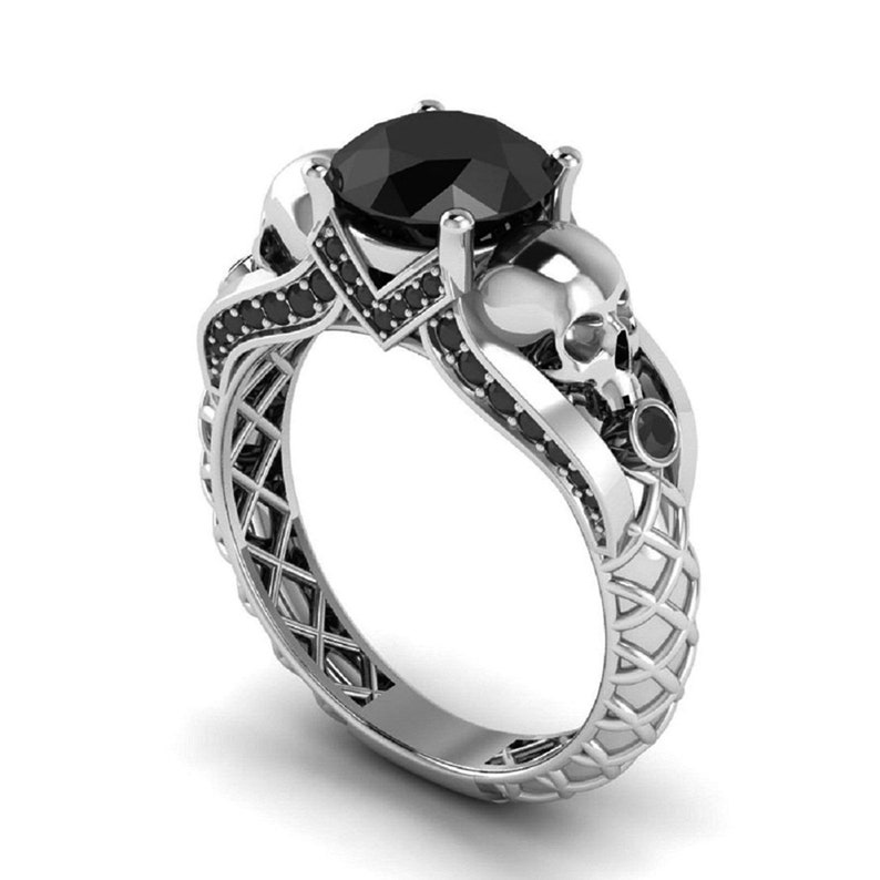 Double Skull Wedding Ring, 2.50ct Round Cut Black Diamond Gothic ...