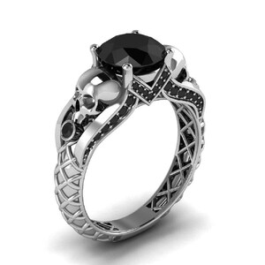Double Skull Wedding Ring, 2.50ct Round Cut Black Diamond Gothic ...