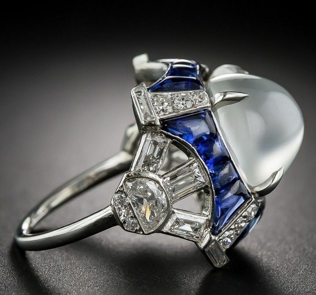 Half Moon Stone Engagement Ring, Unique Design Moon Stone Wedding Ring ...