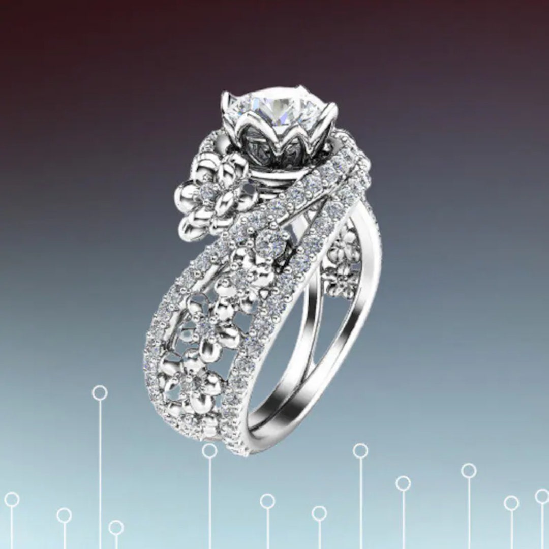 Flower Style Bridal Wedding Ring, Bypass & Split Shank Engagement Ring ...