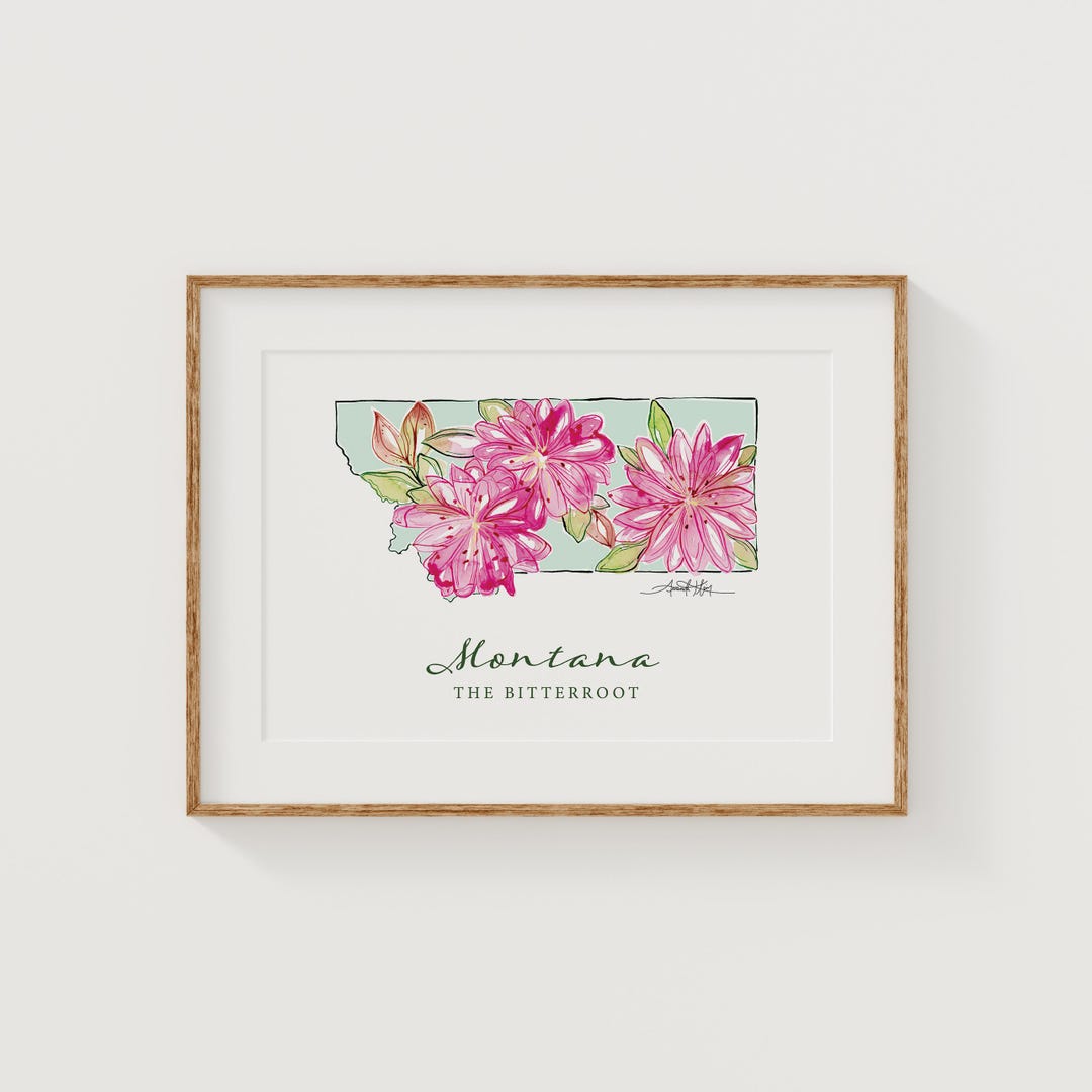 MONTANA Bitterroot State Flower Art Print Fine Art Floral Map Poster ...