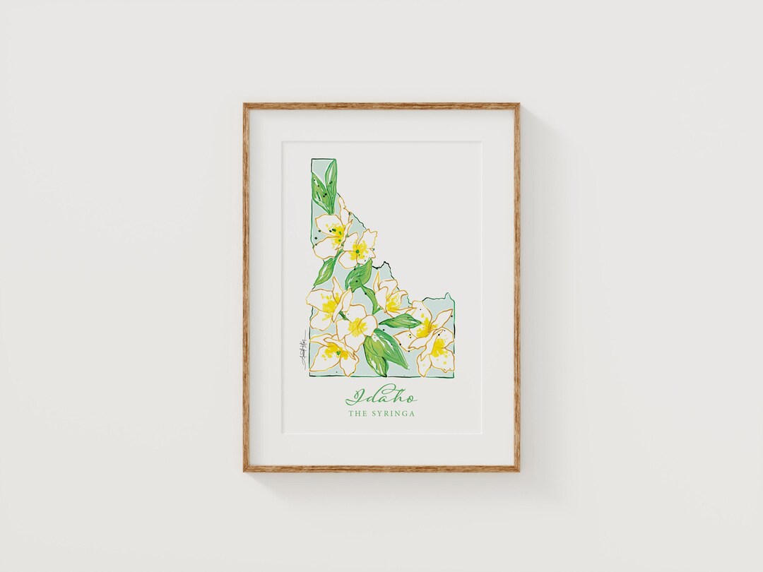 IDAHO Syringa State Flower Art Print Fine Art Floral Map Poster Wall ...