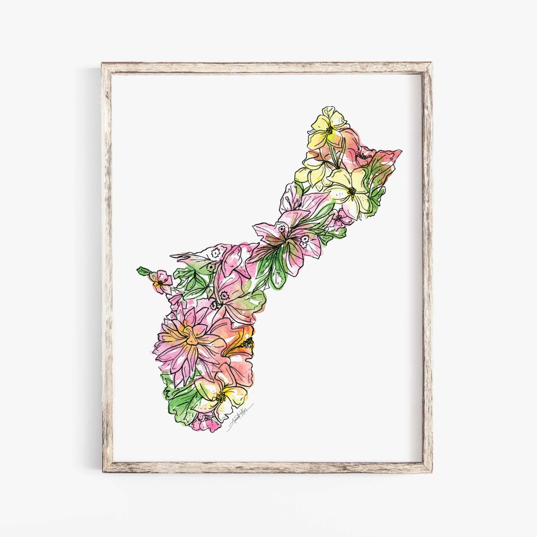 GUAM Flowers State Art Print Fine Art Floral Map Poster Gallery Wall ...