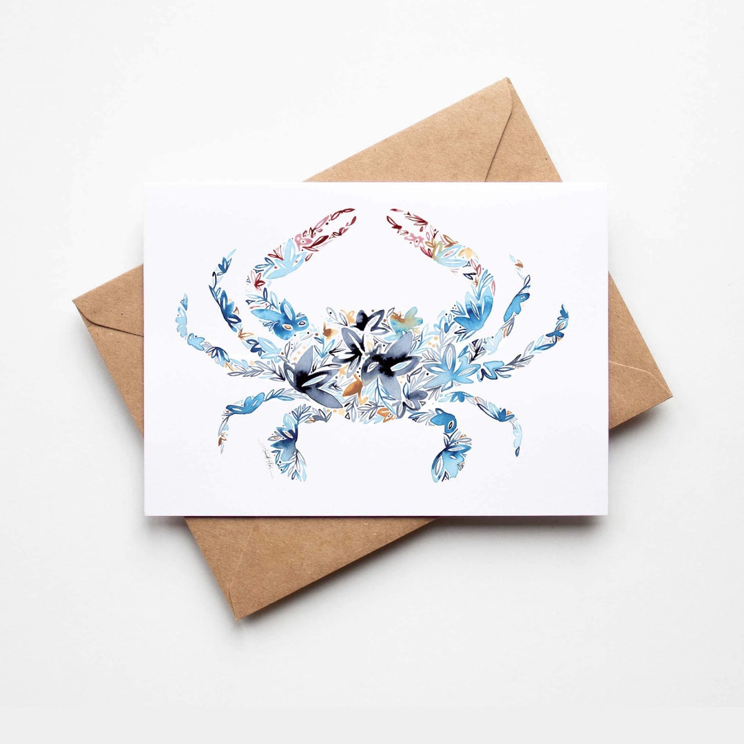 Blue Crab Note Card Set Watercolor Coastal for Him Her Christmas ...