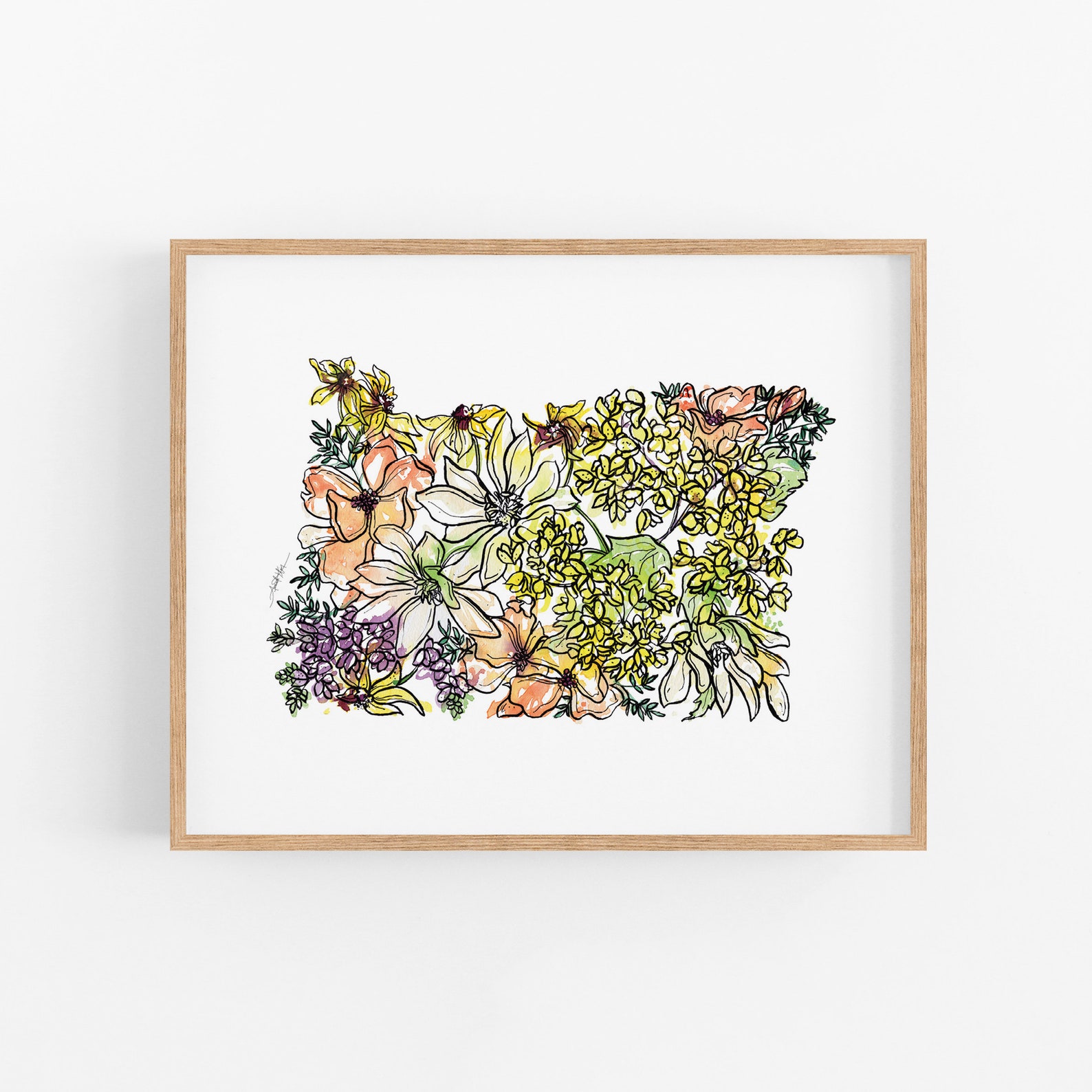 OREGON Flowers State Art Print Fine Art Floral Map Poster Wall Art ...