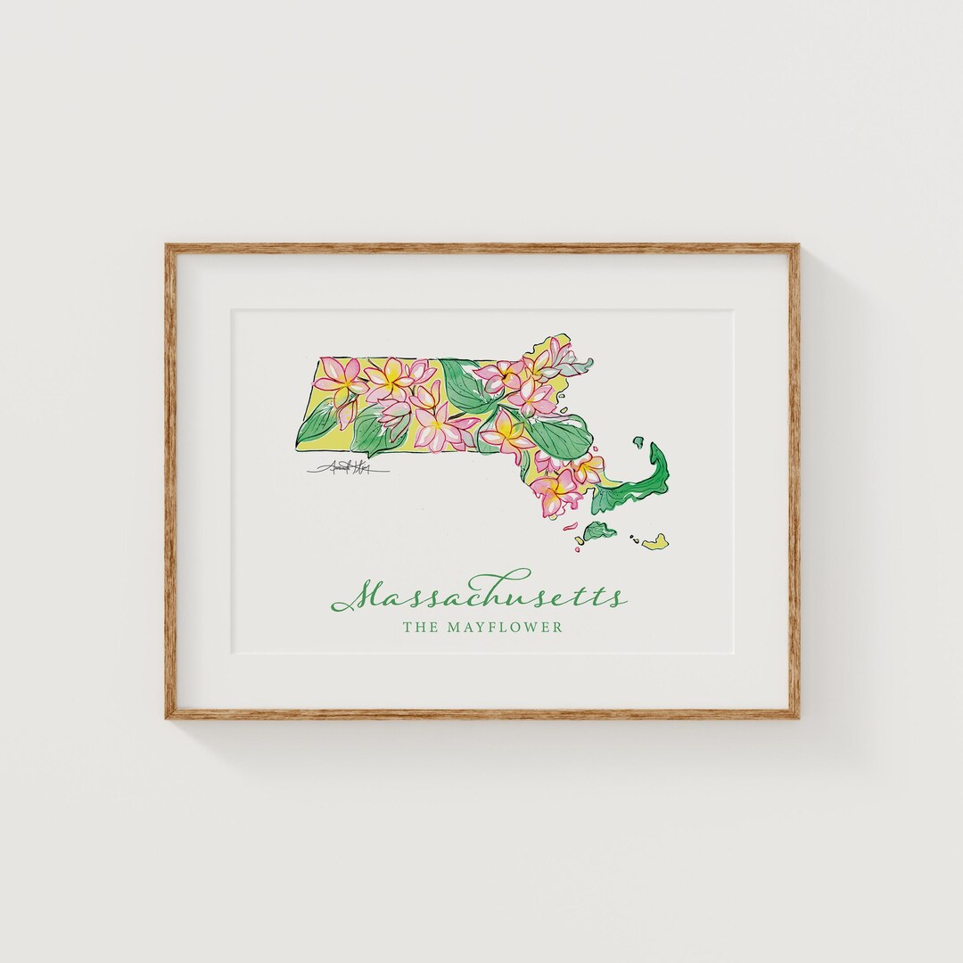 MASSACHUSETTS Mayflower State Flower Art Print Fine Art Floral Map ...
