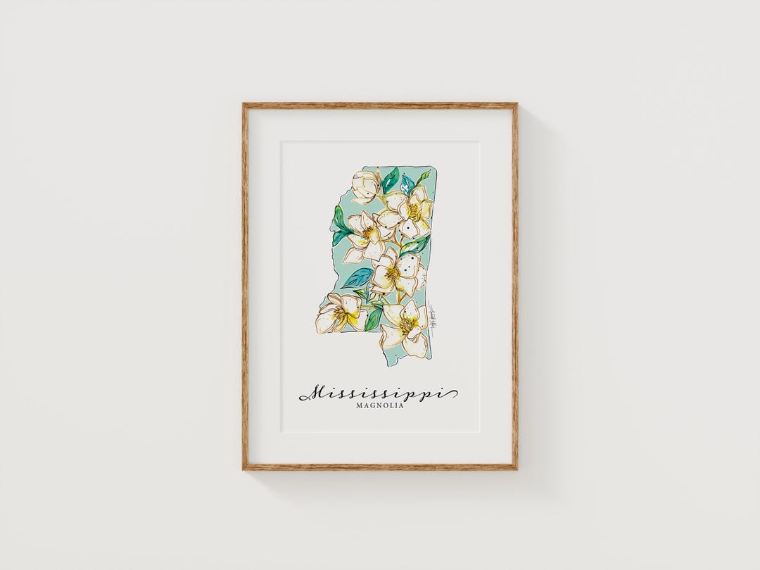 MISSISSIPPI Magnolia State Flower Art Print Fine Art Floral Map Poster ...