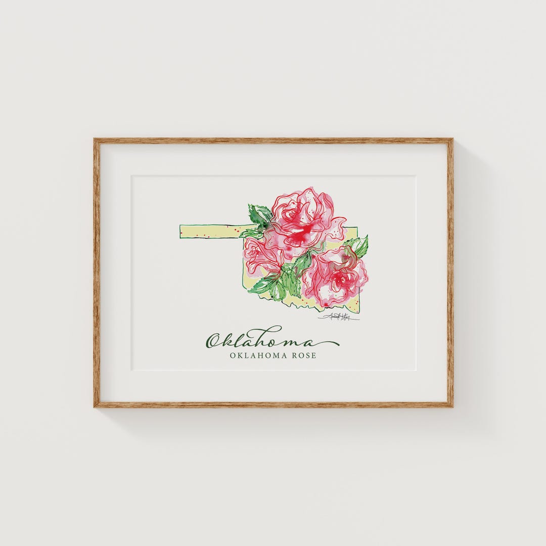 OKLAHOMA Rose State Flower Art Print Fine Art Floral Map Poster Wall ...