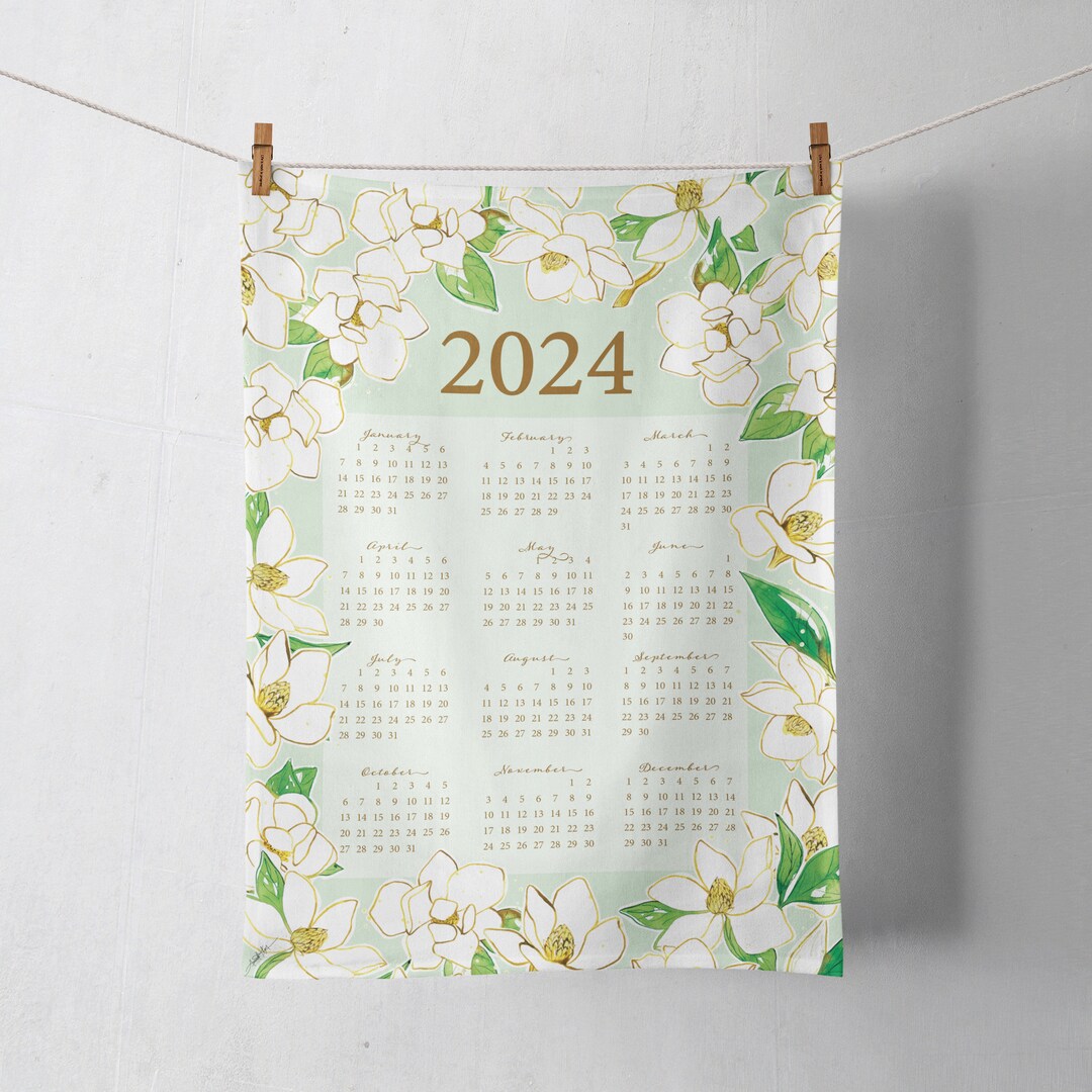 Magnolia Calendar Flour Sack Tea Towel 19x27 Cotton Floral Watercolor ...