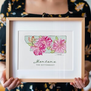 MONTANA Bitterroot State Flower Art Print Fine Art Floral Map Poster ...