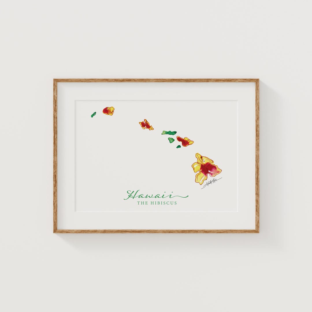HAWAII Hibiscus State Flower Art Print Fine Art Floral Map Poster Wall ...
