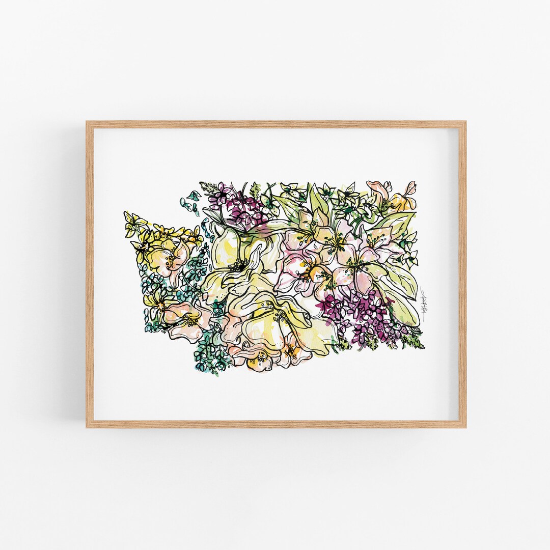 WASHINGTON Wildflowers State Art Print Fine Art Floral Map Poster Wall ...
