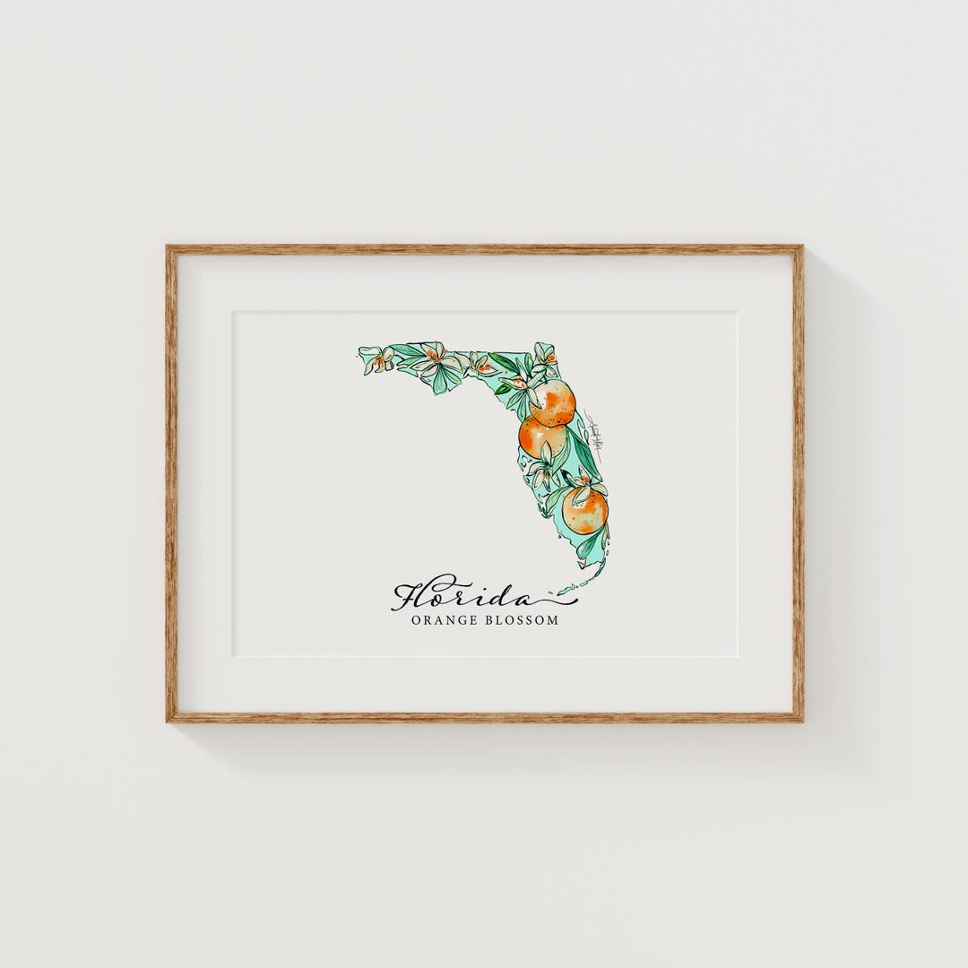 FLORIDA Orange Blossom State Flower Art Print Fine Art Floral Map ...
