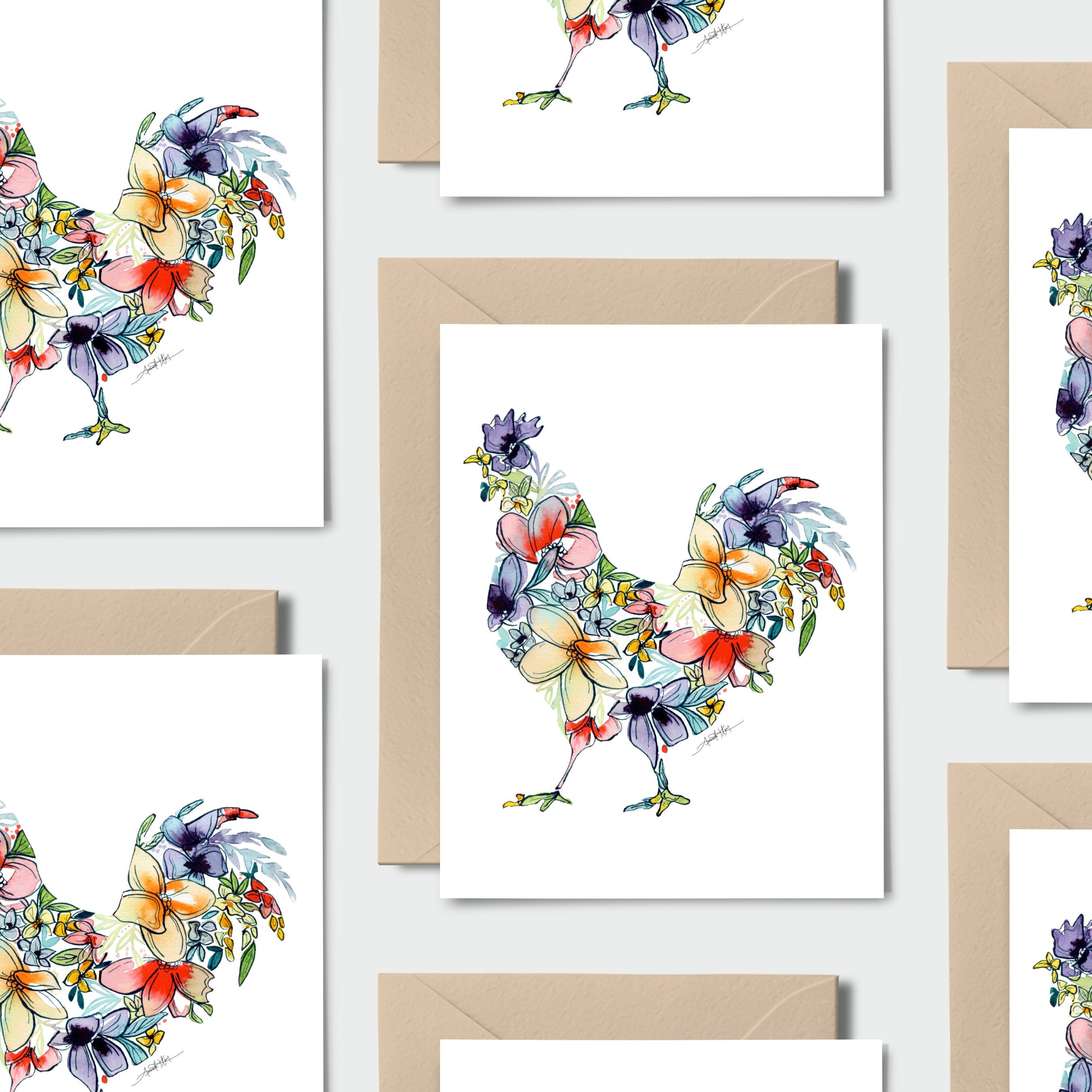 CHICKEN Note Card Set of 8 Folded Stationery With Envelopes & Stickers ...