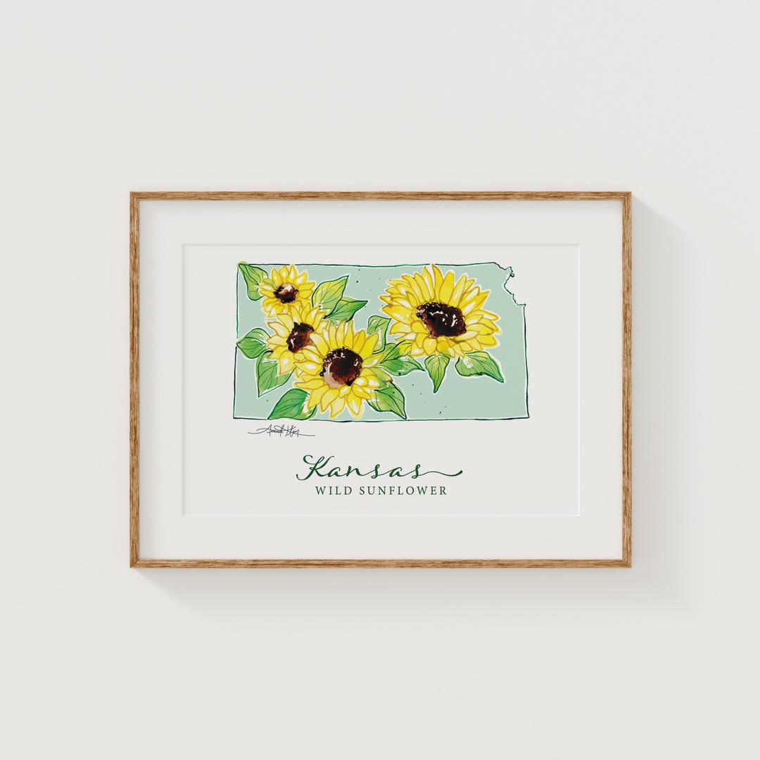 KANSAS Wild Sunflower State Flower Art Print Fine Art Floral Map Poster ...