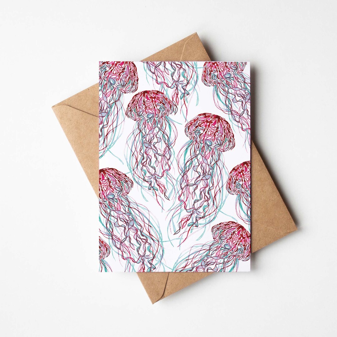 Jellyfish Note Card Set Watercolor Coastal for Him Her Christmas ...
