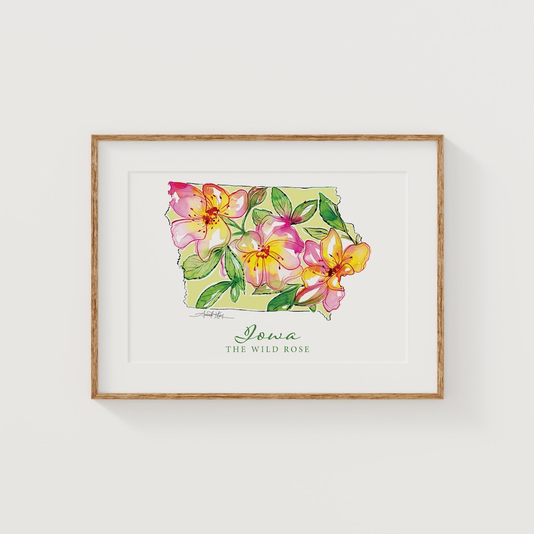 IOWA Wild Rose State Flower Art Print Fine Art Floral Map Poster Wall ...