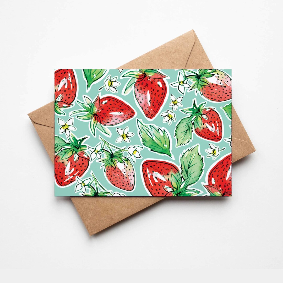 Strawberry Design Note Card Set Watercolor Artwork Gift for Her Him ...