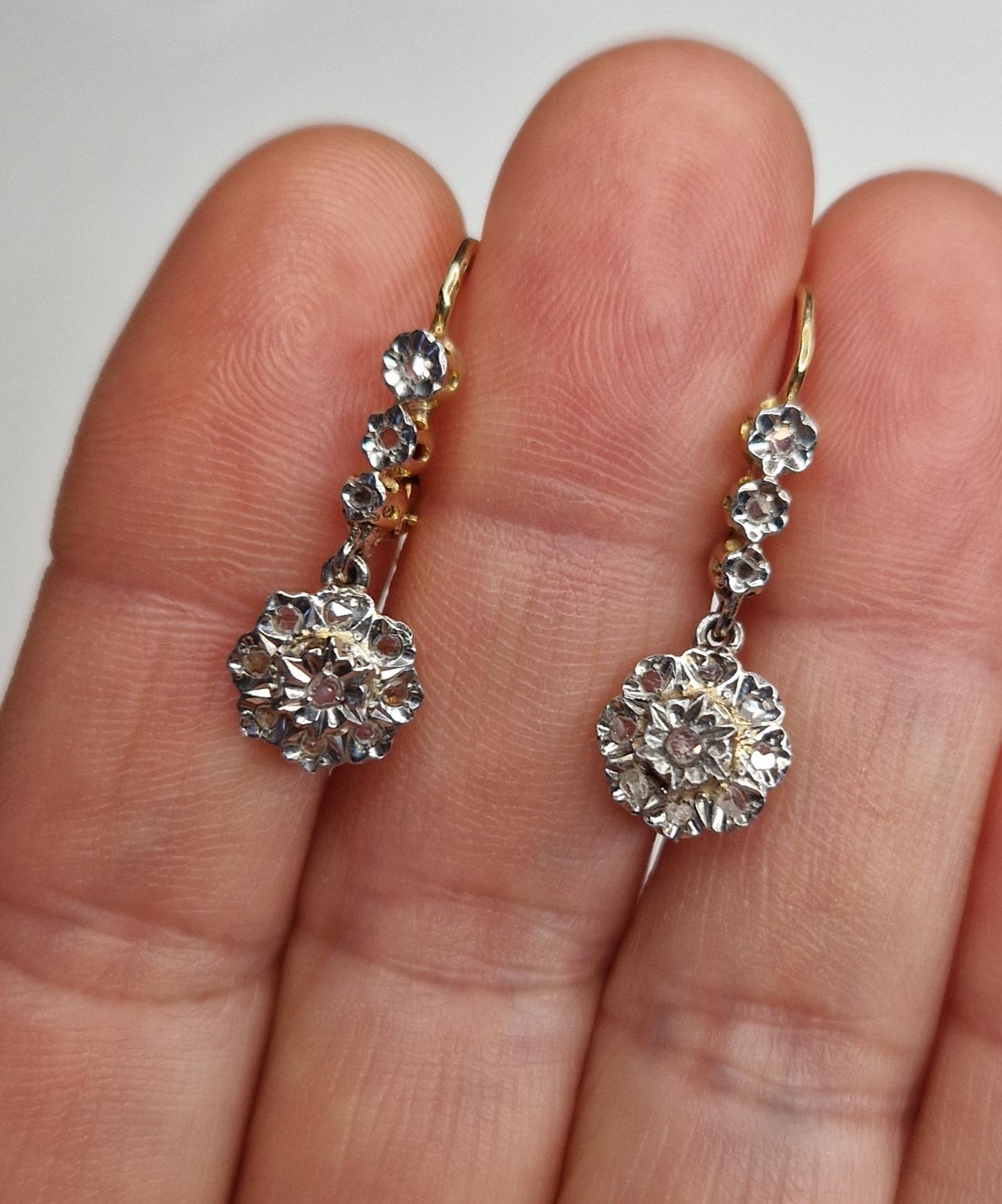 Antique French 18k Solid Gold Rose Cut Diamond Leverback Dangling Dormeuse Earrings - Etsy