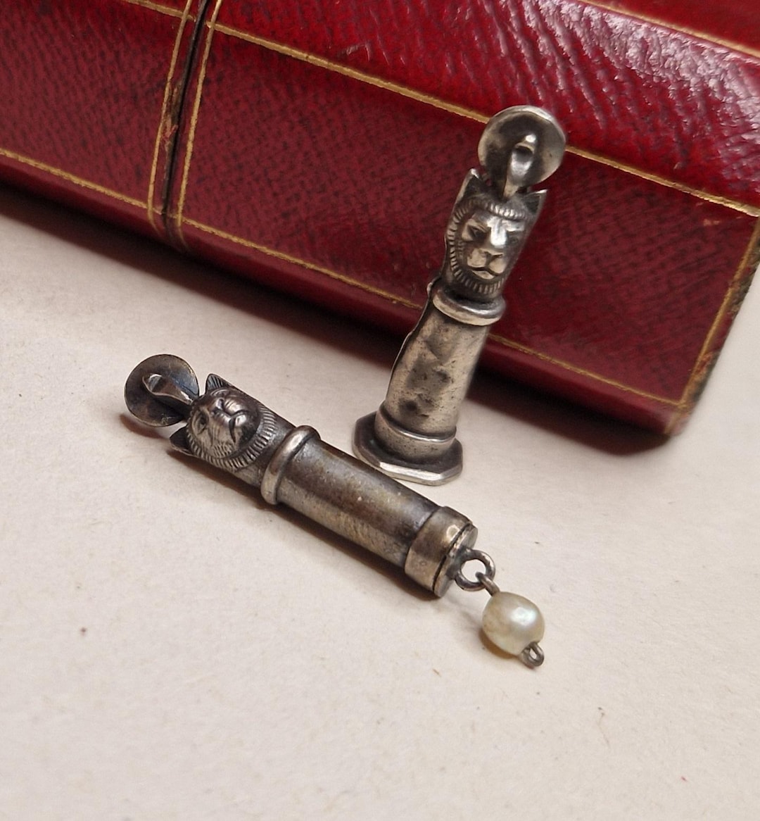 2 Antique Silver Zoocephalic Amulets Case and Charm Pendants Cat ...