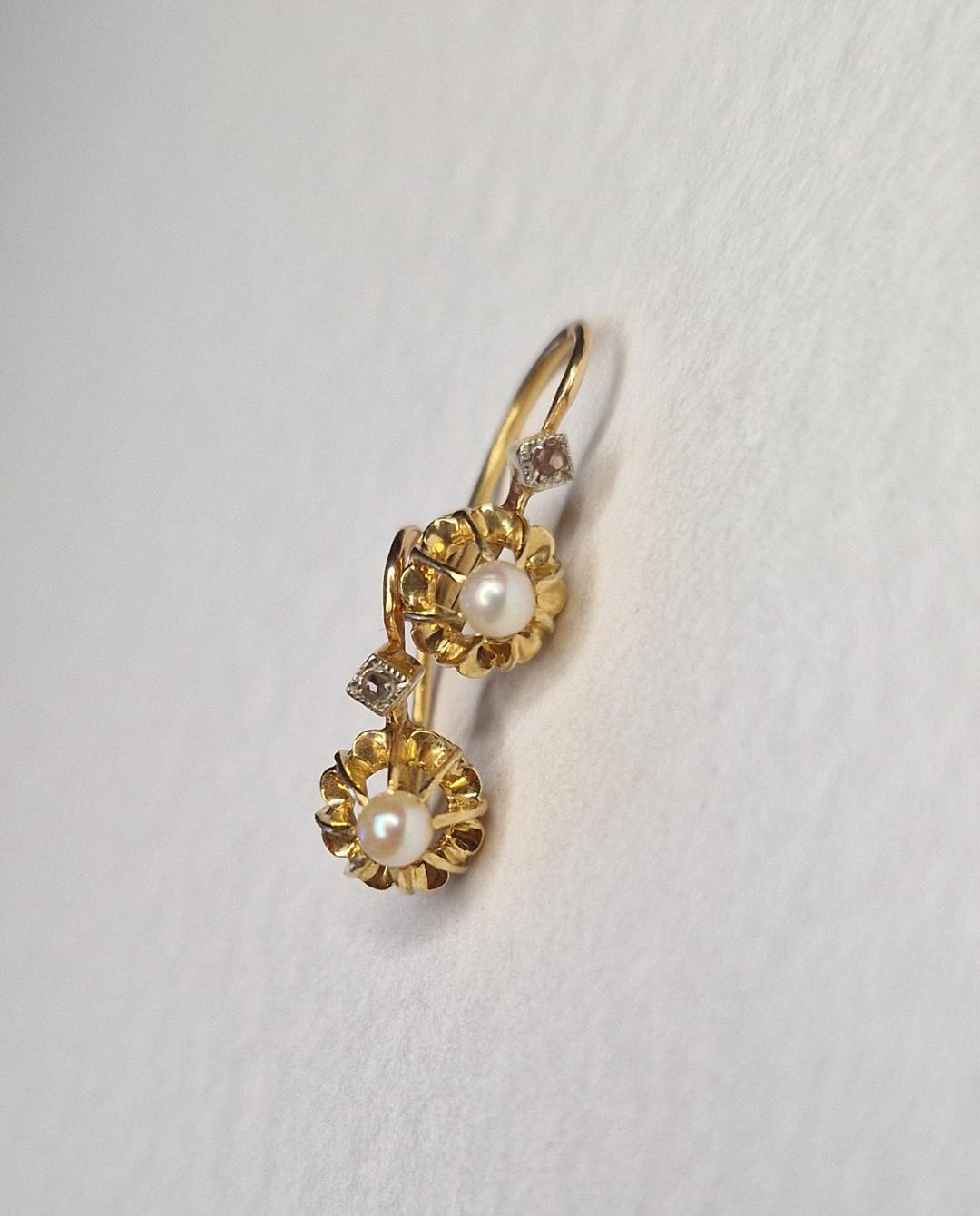 Antique French 18k Solid Gold French Dormeuse Earrings Natural Pearl Rose Cut Diamond - Etsy